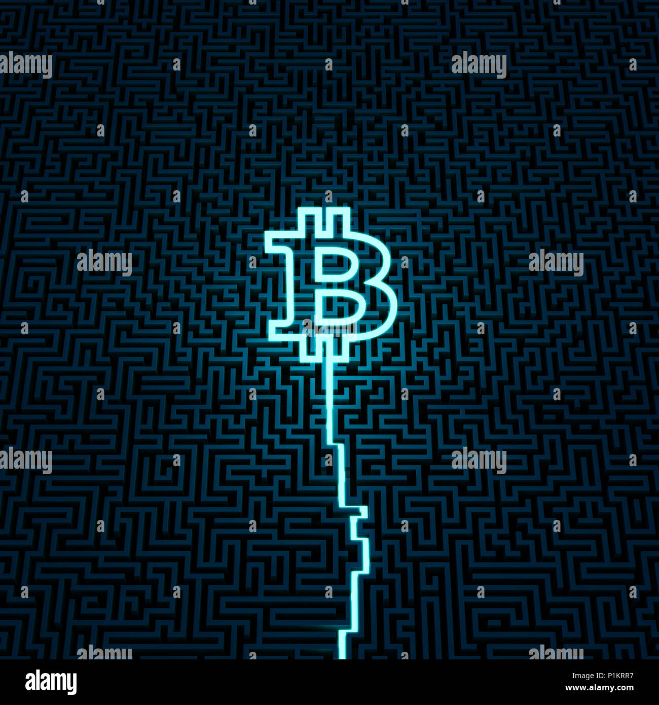 Neon bitcoin maze / 3D illustration of neon trail leading to center of ...