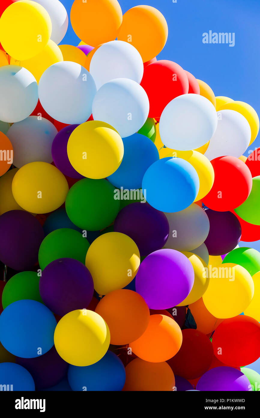 Background of a set of colored balloons on the sky background Stock ...