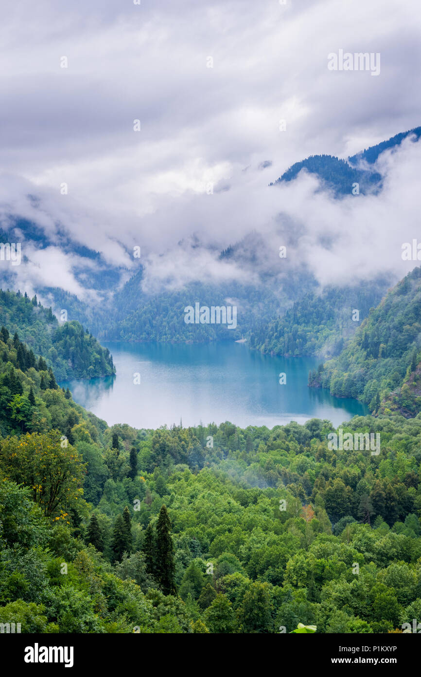 Beautiful and scenic Lake Ritsa with fog, Abkhazia Stock Photo - Alamy