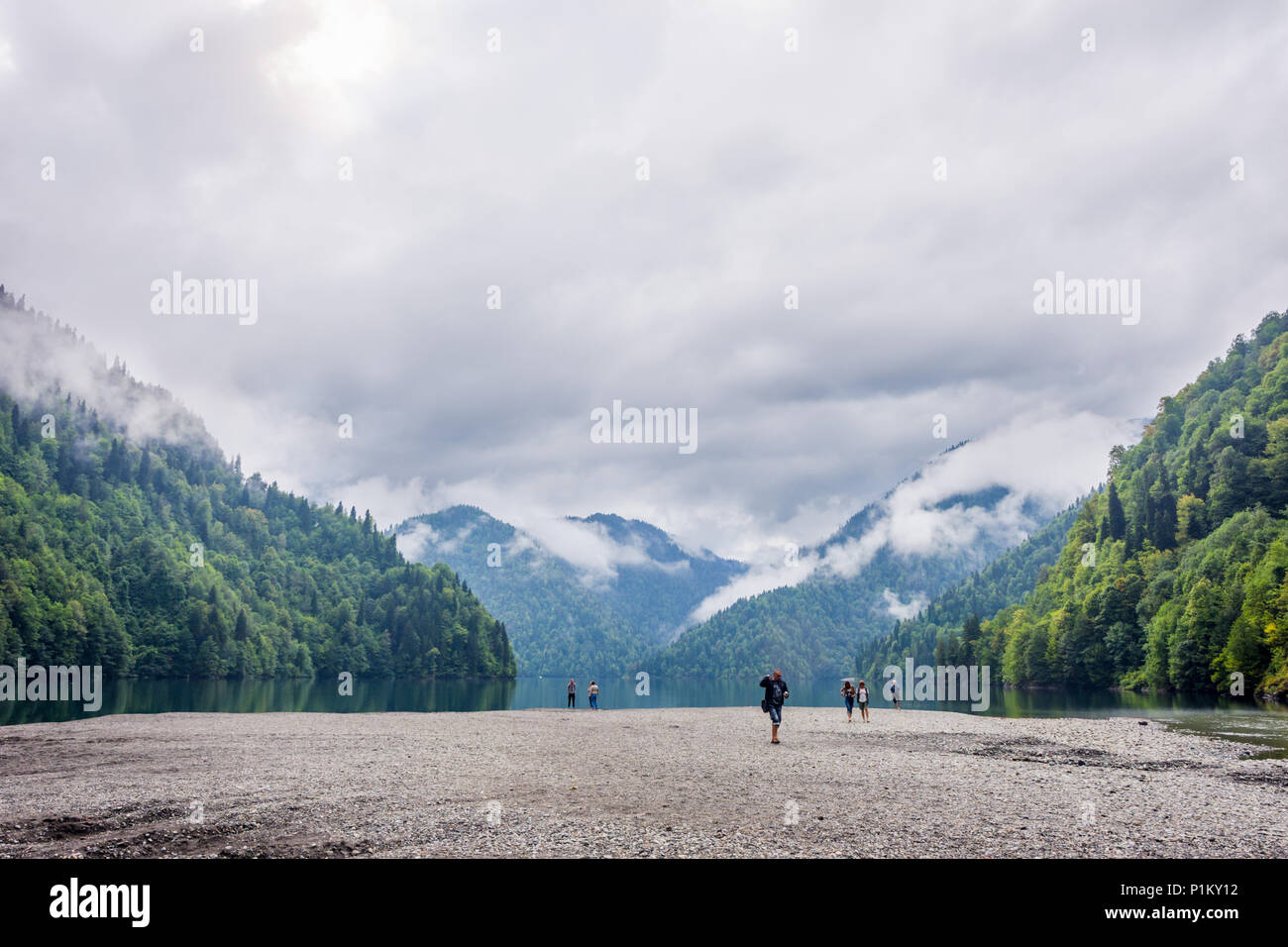Lake Ritsa, Abkhazia/Georgia - Aug 31, 2017: Group of people taking ...