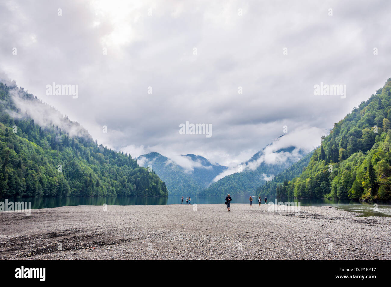 Lake Ritsa, Abkhazia/Georgia - Aug 31, 2017: Group of people taking ...