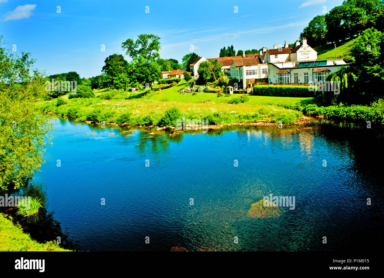 River Tees and the George Hotel, Piercebridge, County Durham,, England ...