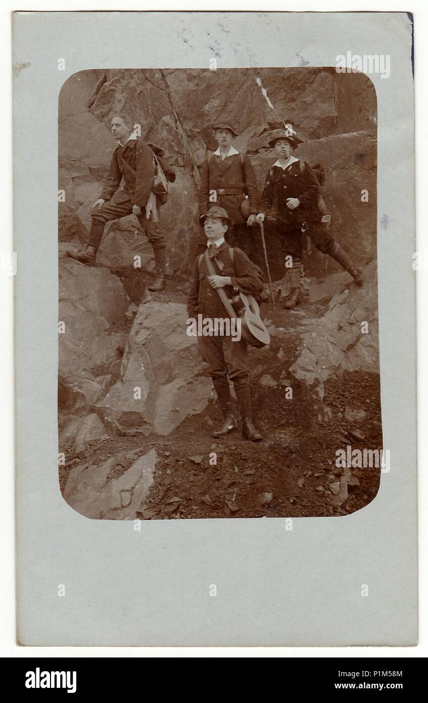 GERMANY - APRIL 23, 1916: Vintage photo shows young men during the trip ...