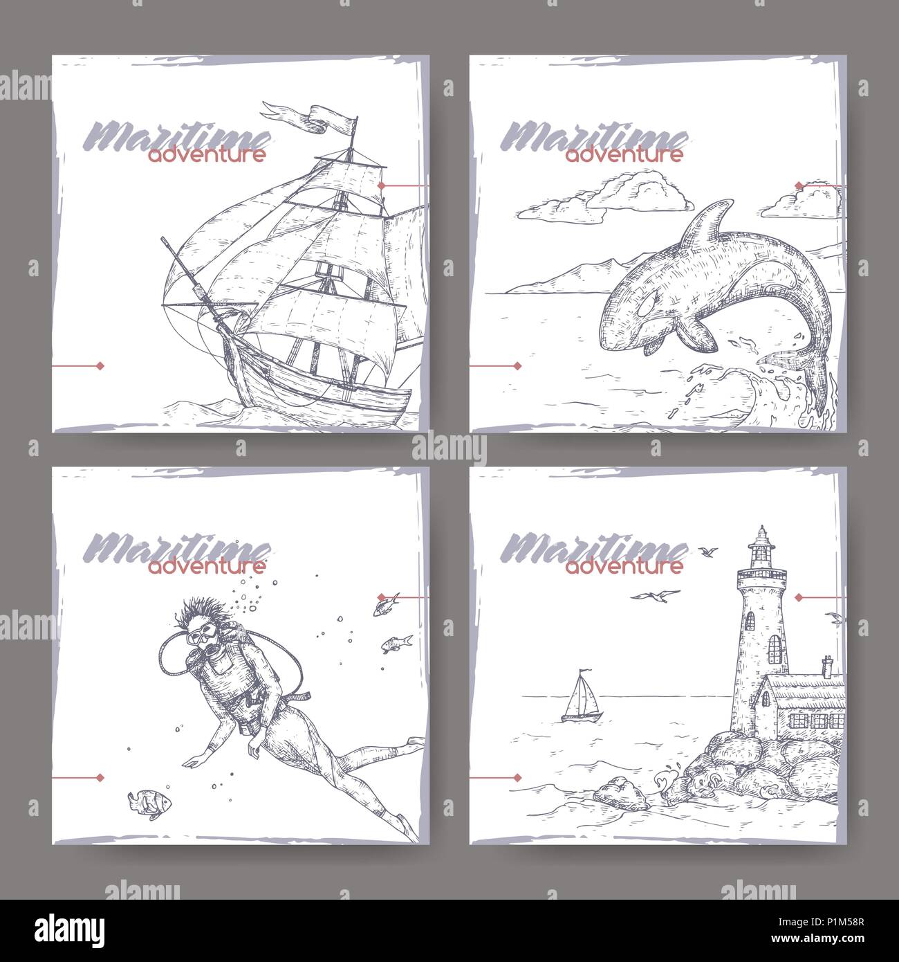 Four banners with tall ship, lighthouse, scuba diver and jumping whale ...
