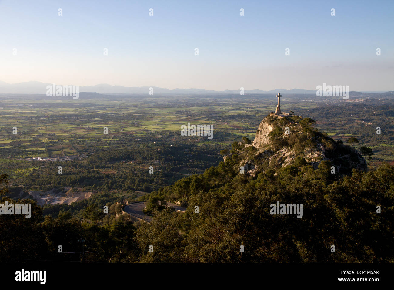 Cross of Santuari de Sant Salvador, Mallorca countryside view ...