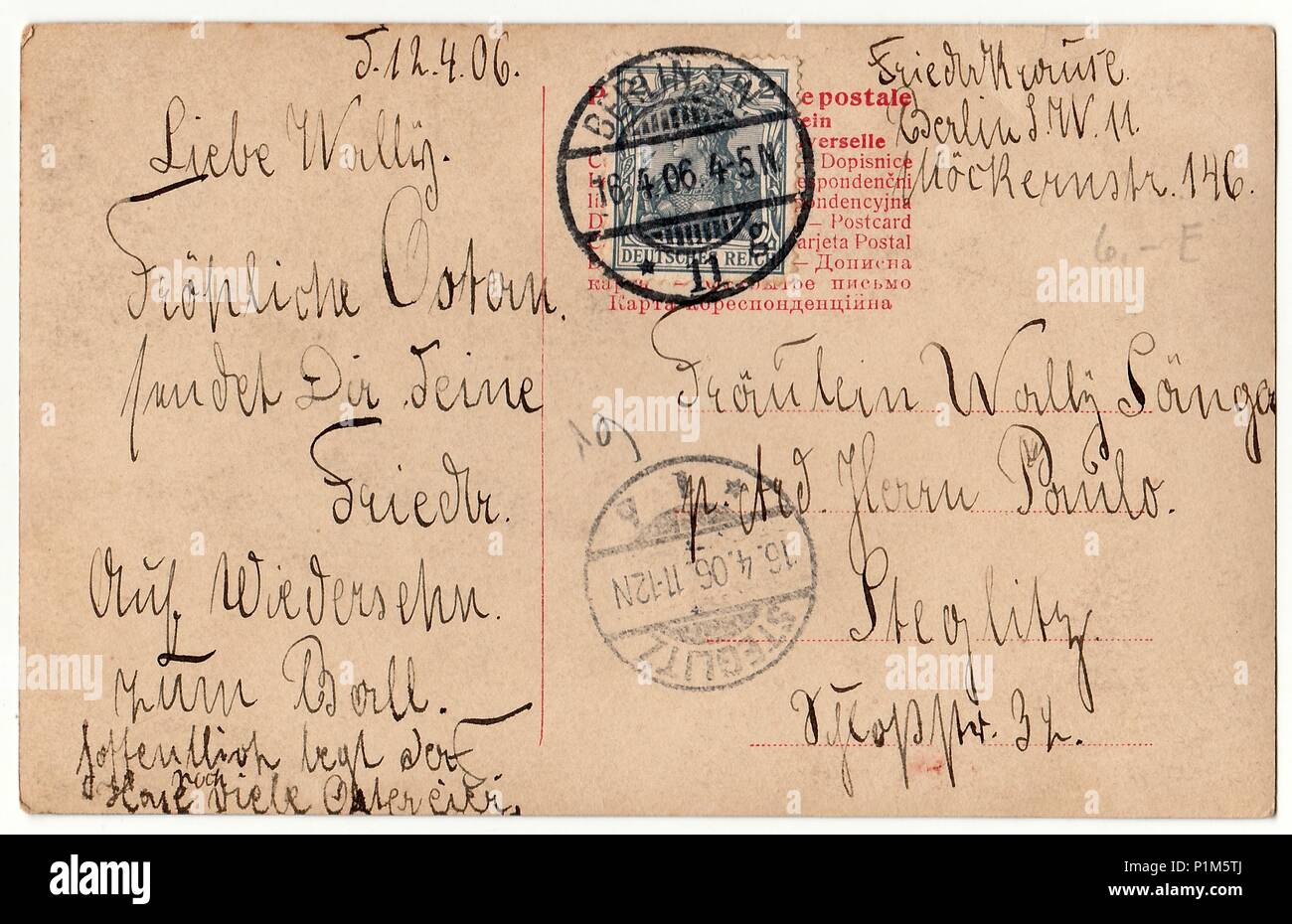 BERLIN, GERMANY - APRIL 12, 1906: Back of a vintage photo - used ...