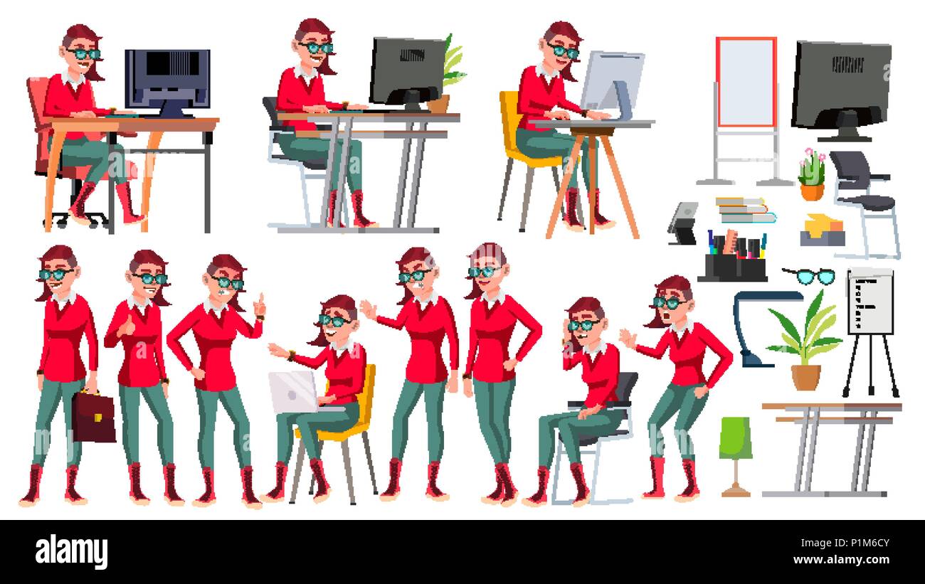 Office Worker Vector. Woman. Successful Officer, Clerk, Servant. Emo ...