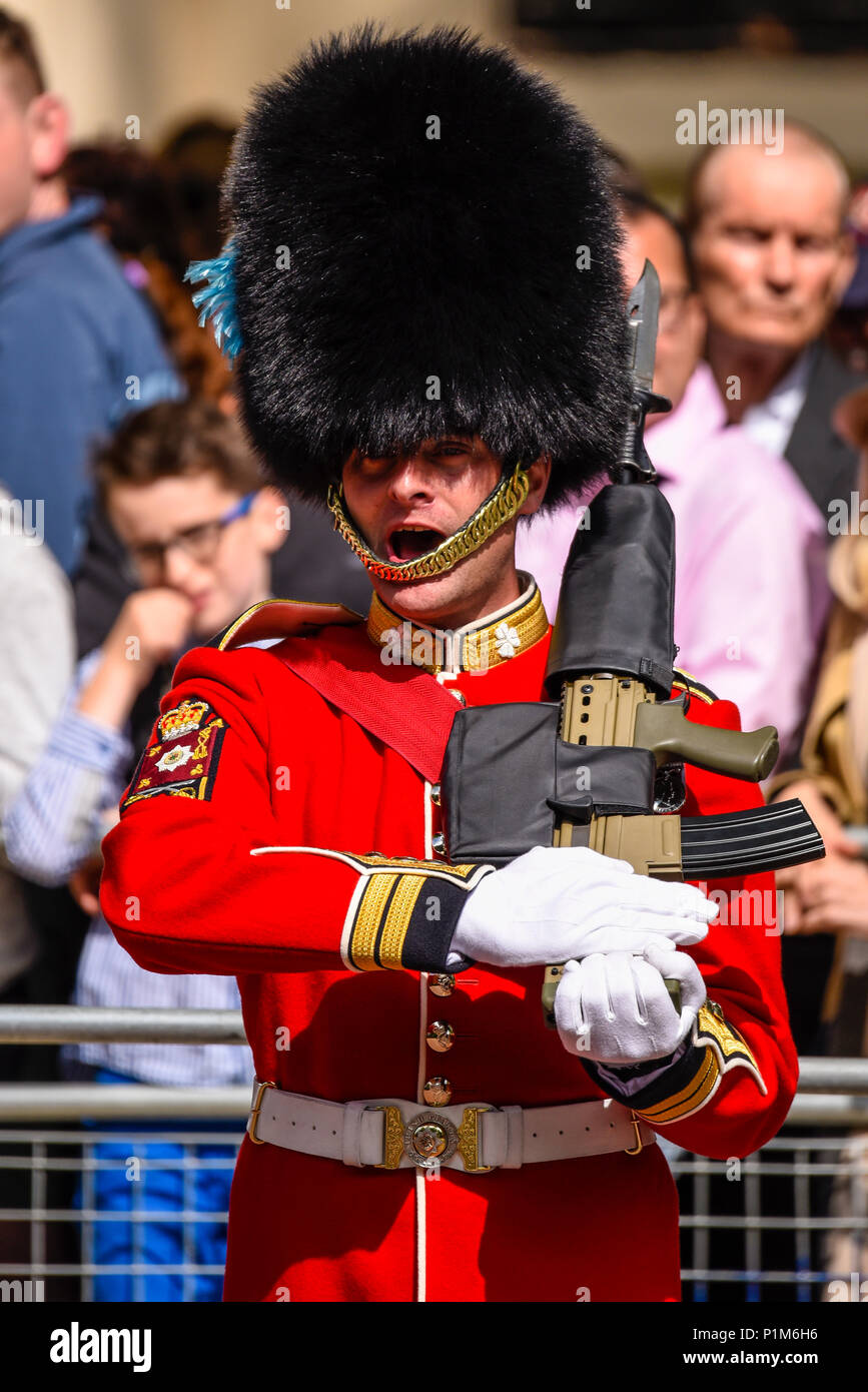 Trooping the Colour 2018. Officer street liner lining The Mall shouting ...