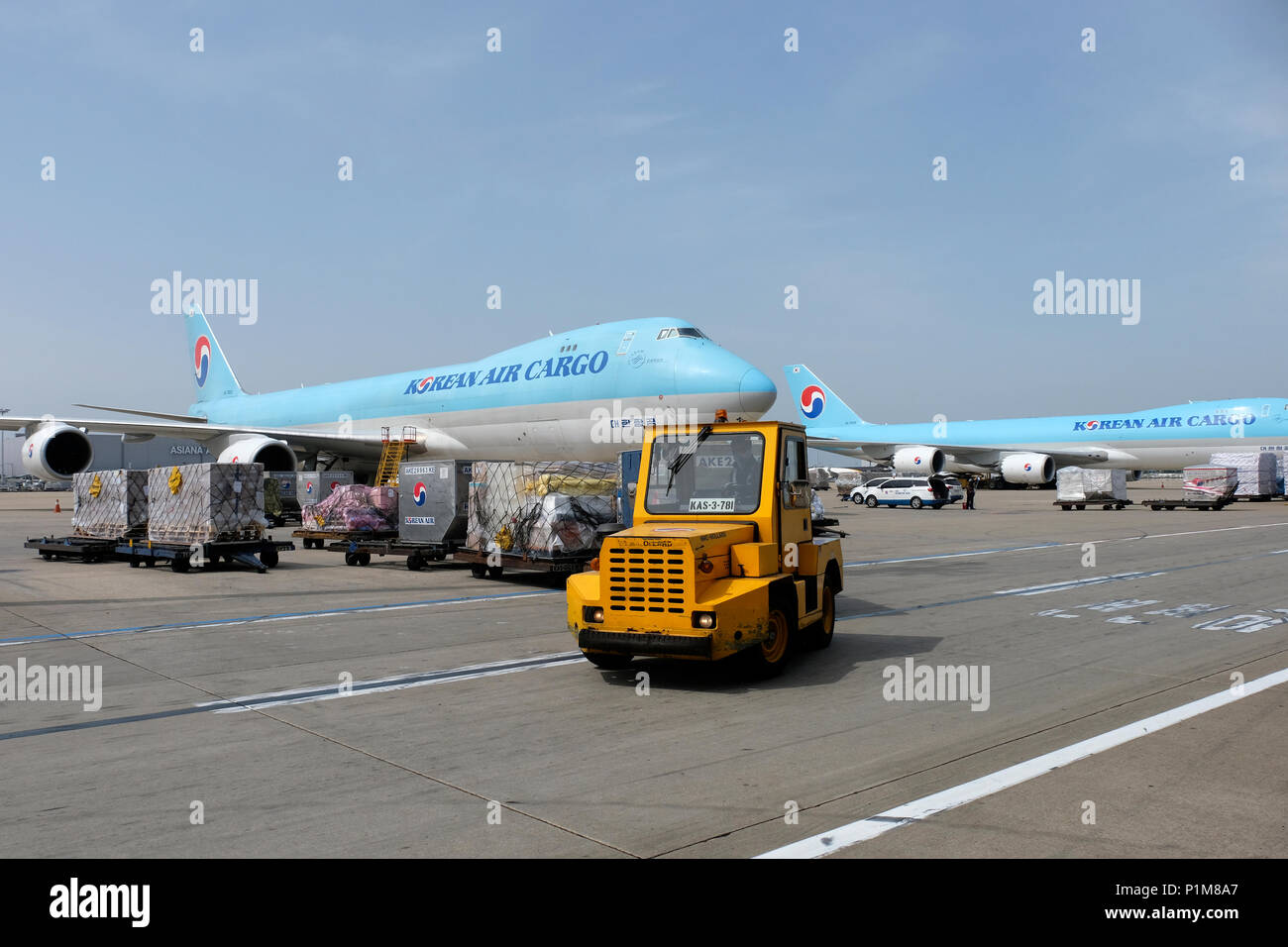 Korean Air Lines Co. freight planes parked on the tarmac at the company ...