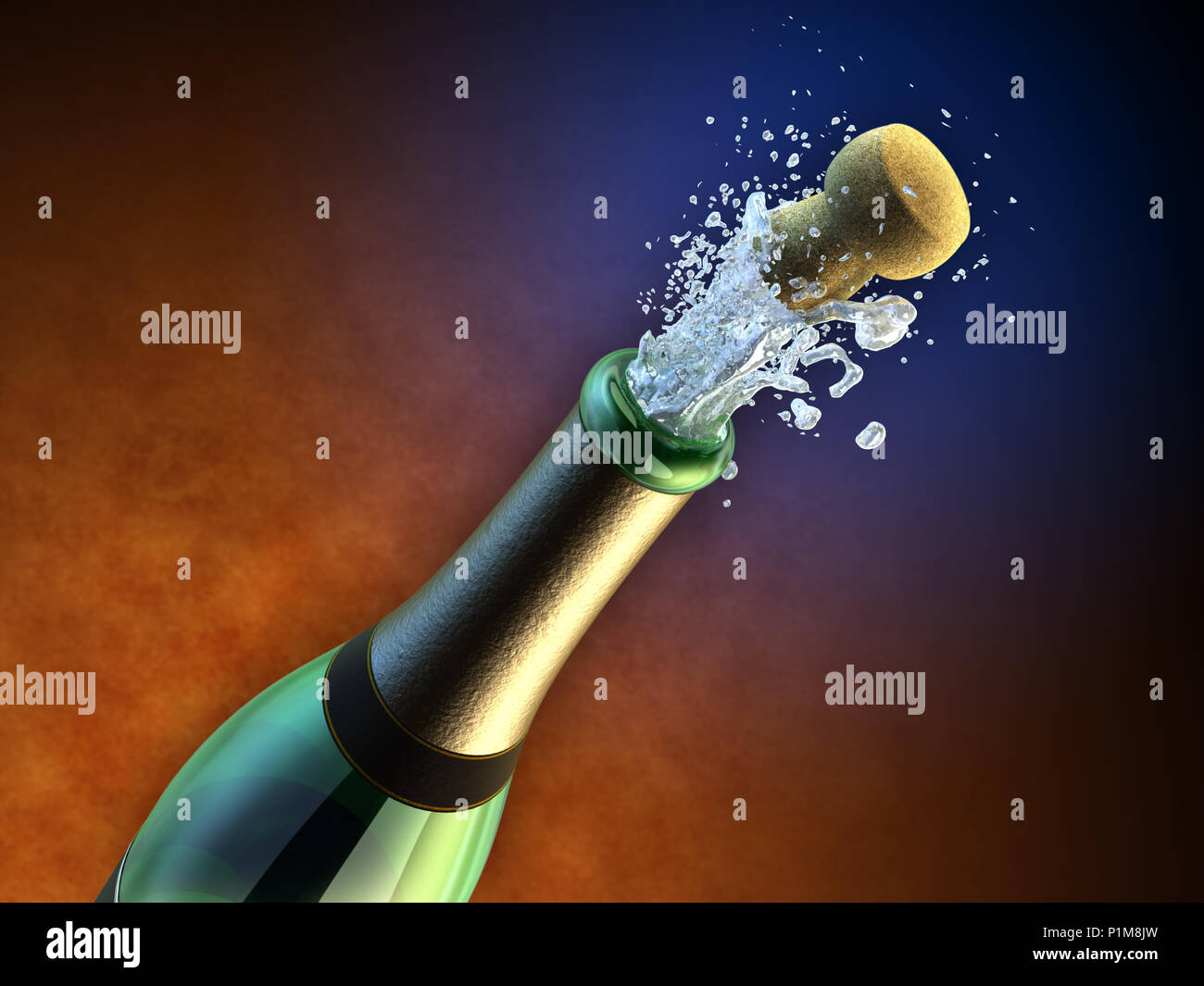 Opening of a champagne bottle during a party. Digital illustration ...