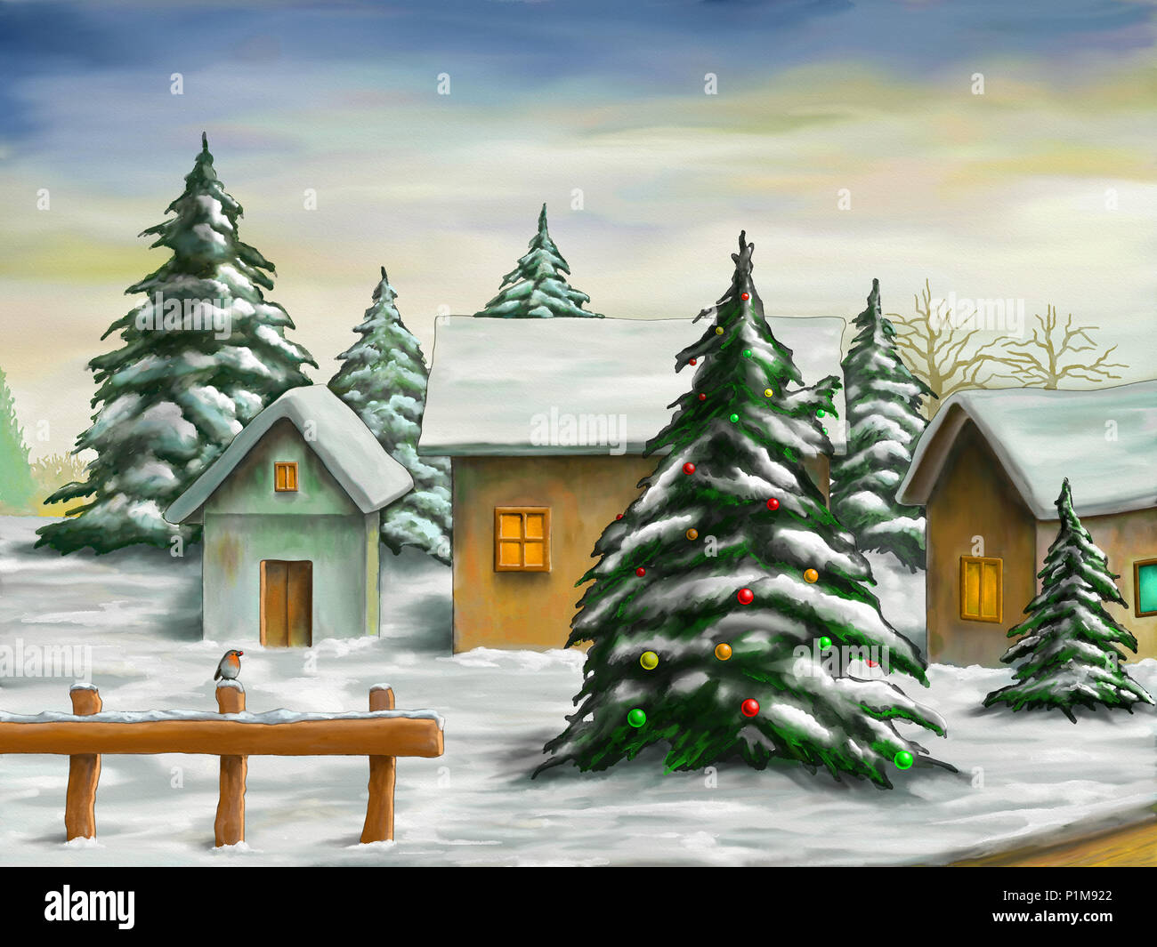 Small village in a snowy christmas landscape. Digital illustration ...