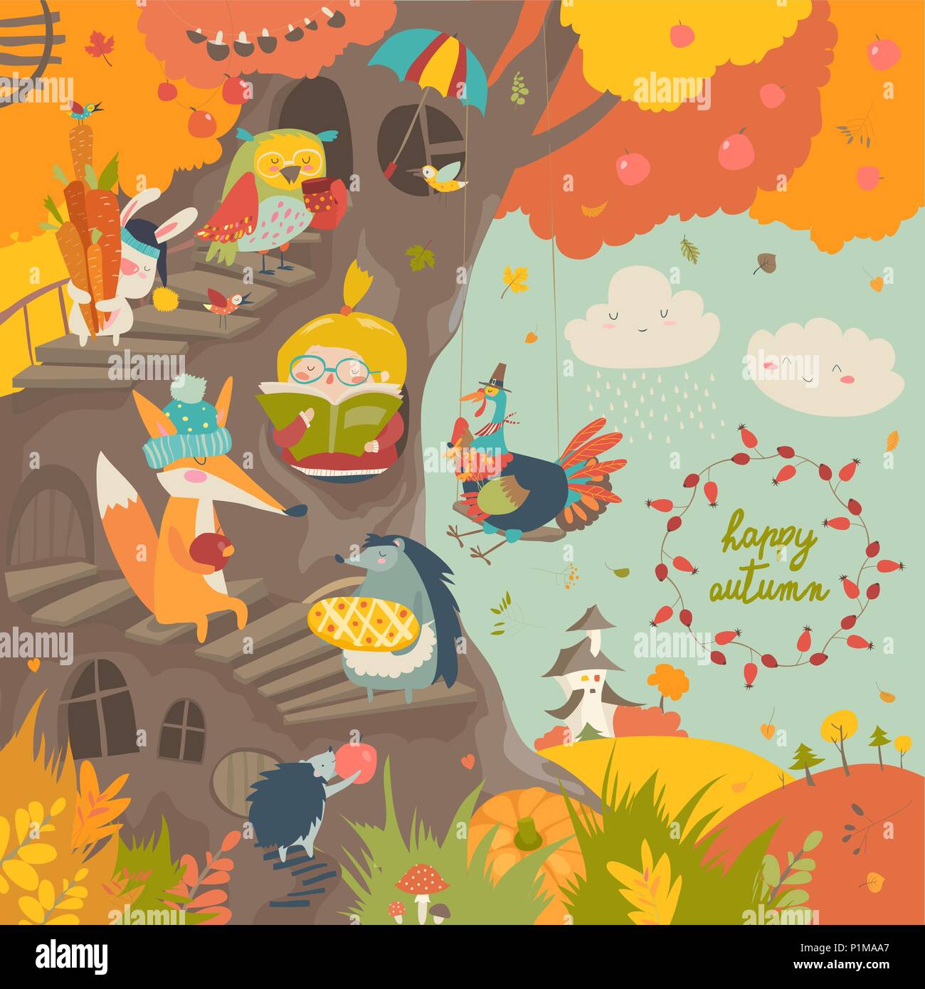 Cute treehouse with little girl and animals in autumn park Stock Vector ...