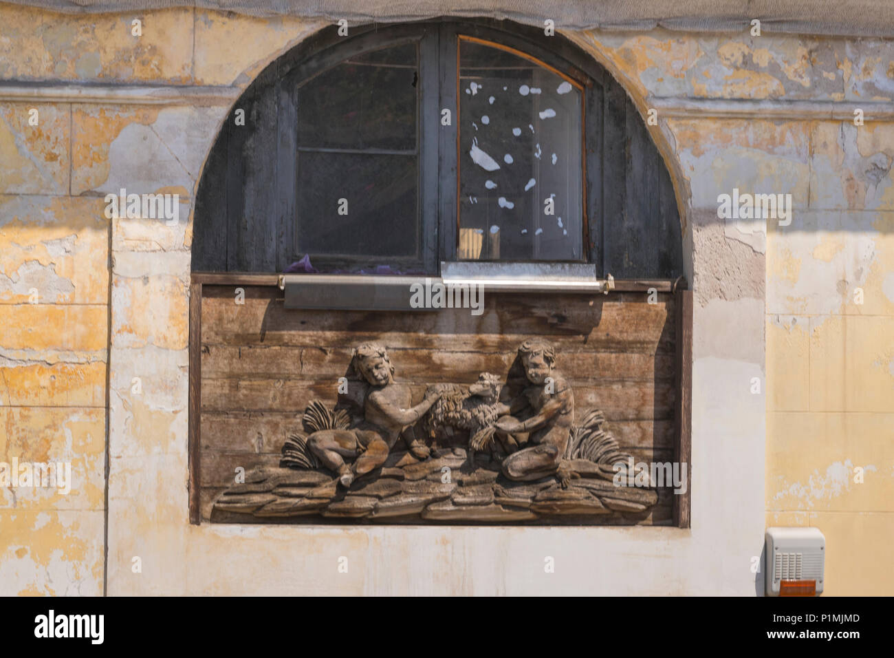 Italy Sicily Palermo wooden carving of two cherubs naked boys lamb ...