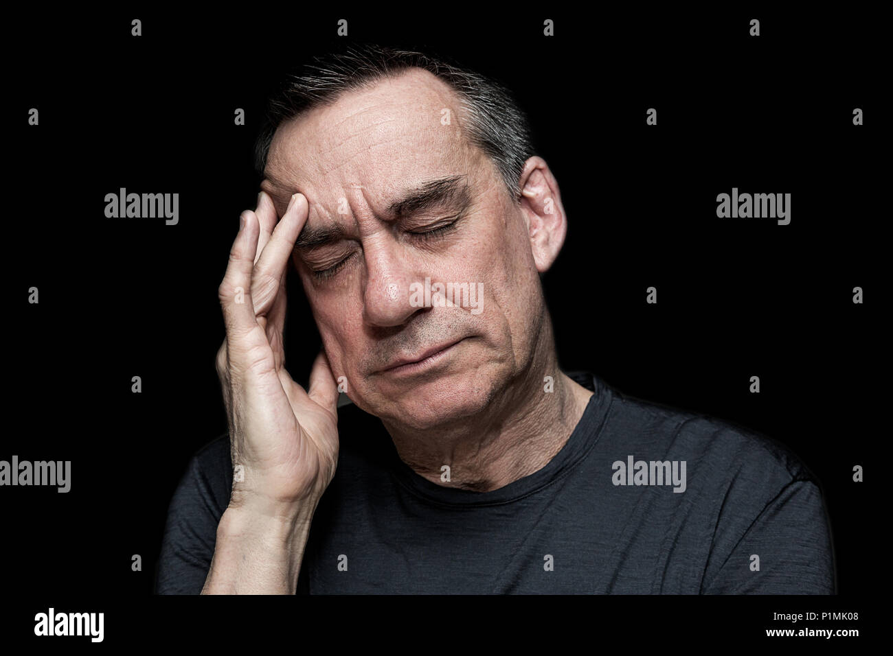 Closeup High Contrast Portrait of Stressed Unhappy Man with Hand to ...