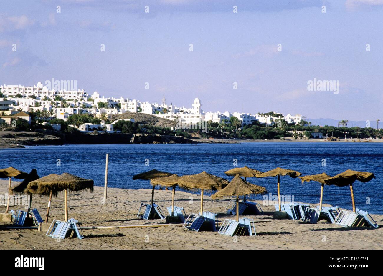 Mojácar, "Pueblo Indalo" apparthotel and beach Stock Photo - Alamy