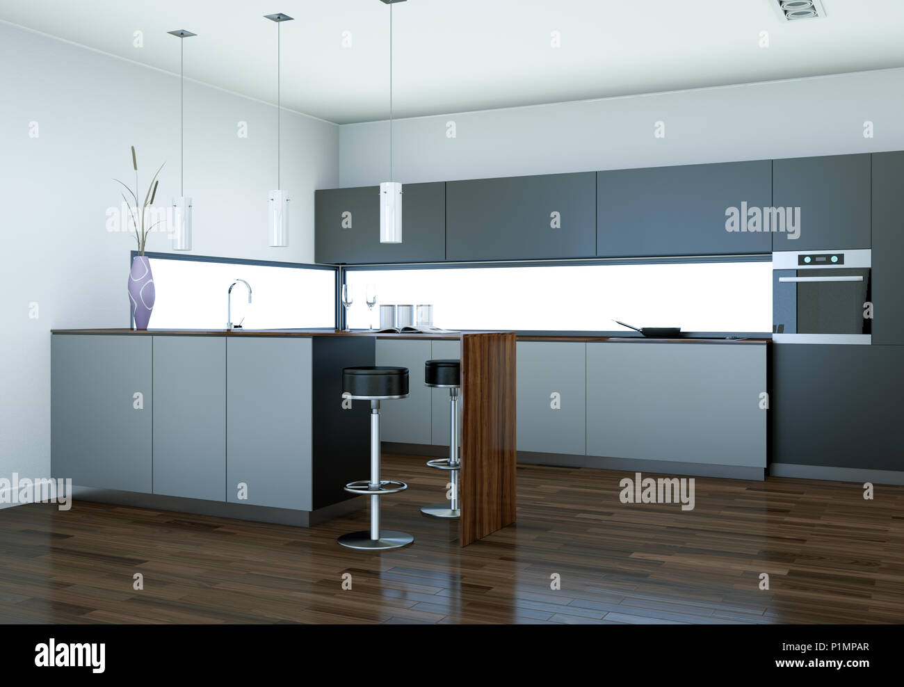Modern grey kitchen interior design illustration Stock Photo - Alamy