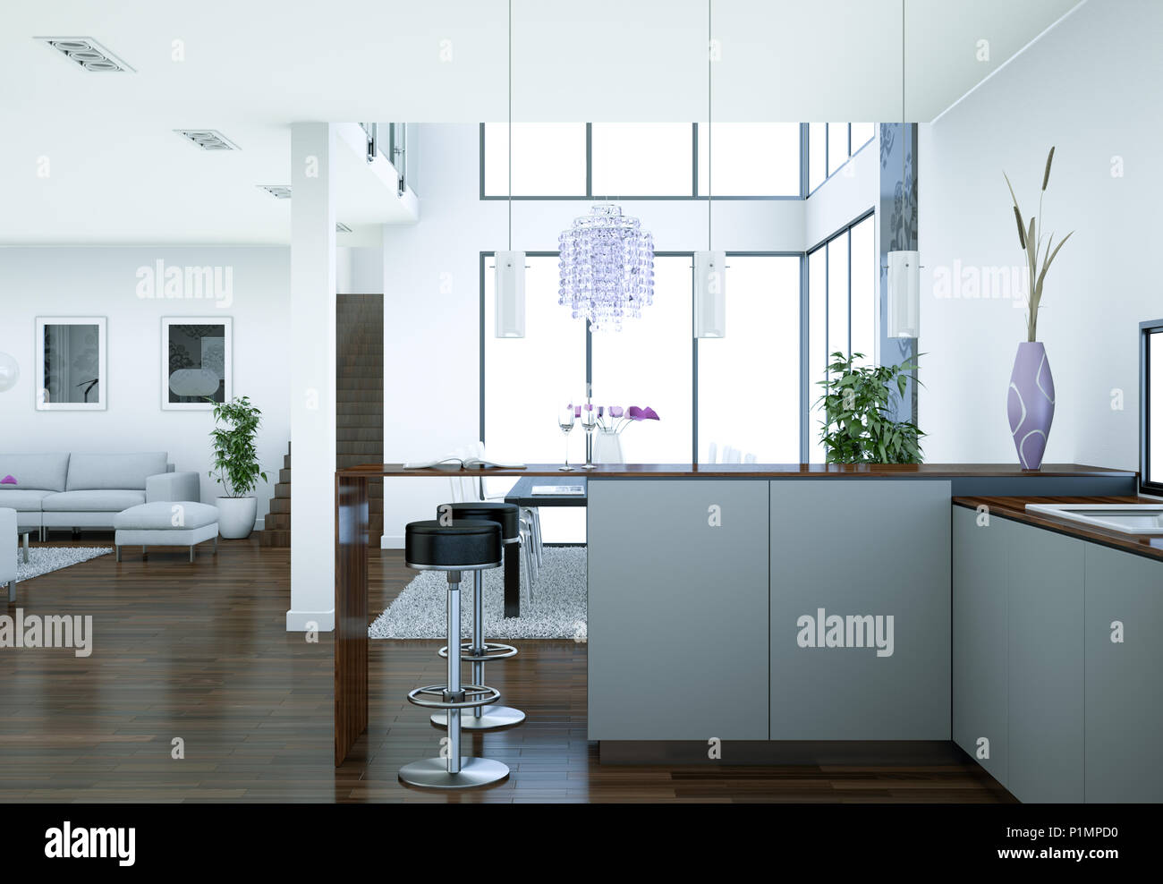 Modern grey kitchen interior design illustration Stock Photo - Alamy