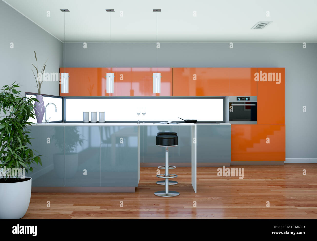 Modern grey kitchen interior design illustration Stock Photo - Alamy