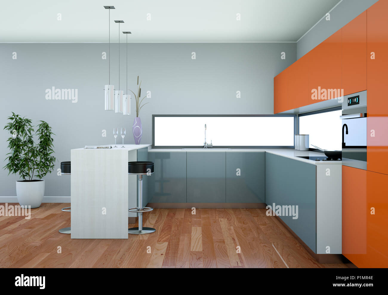 Modern grey kitchen interior design illustration Stock Photo - Alamy