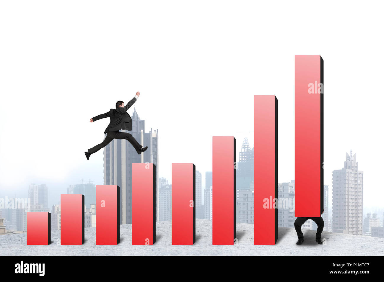 Businessman running and jumping on red bar chart another lift one with ...