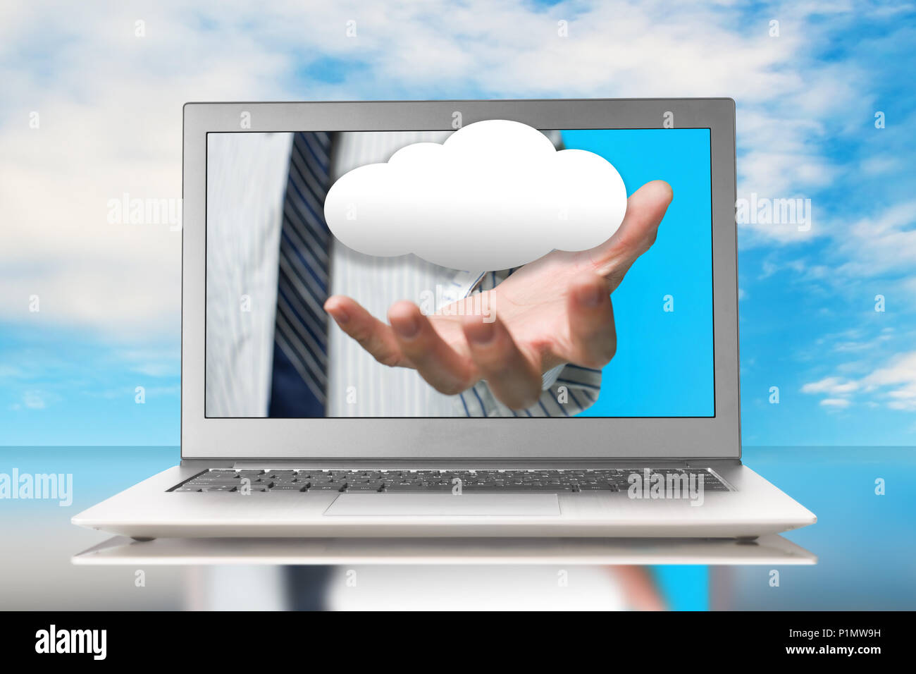 Hand out of screen with cloud and blue sky background Stock Photo - Alamy