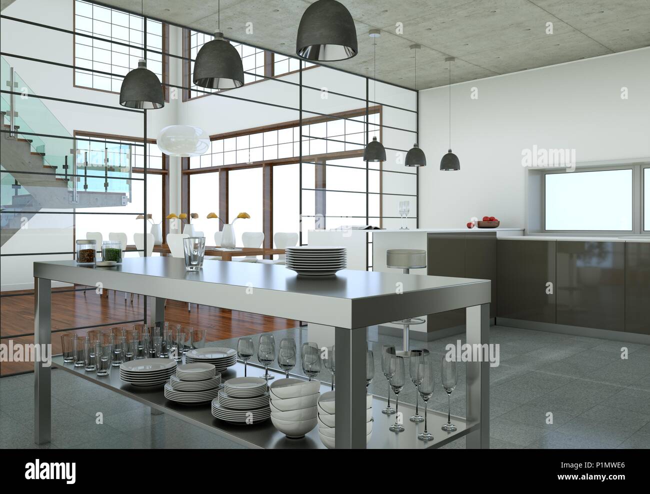 Grey modern kitchen in a loft with beautiful design Stock Photo - Alamy