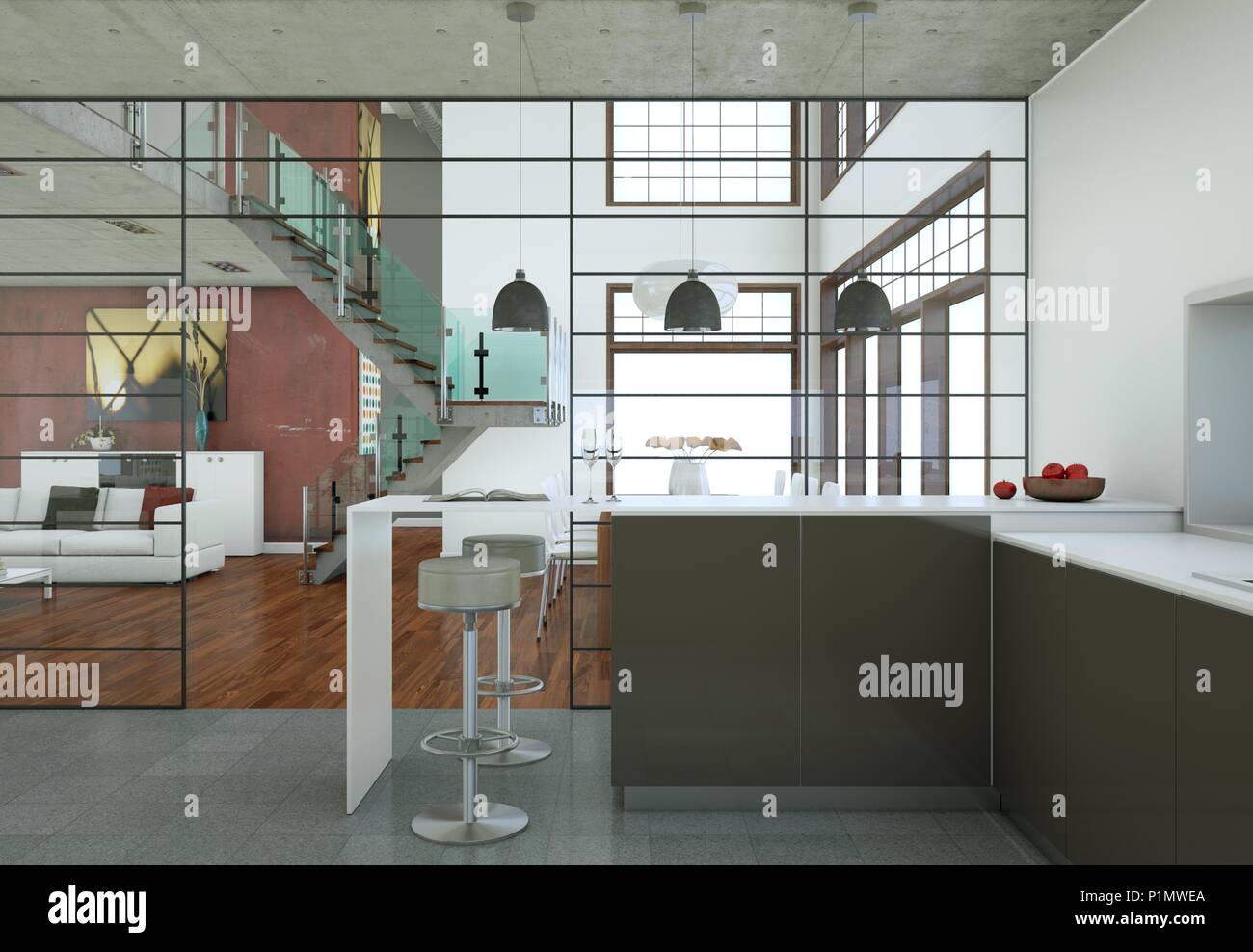 Grey modern kitchen in a loft with beautiful design Stock Photo - Alamy