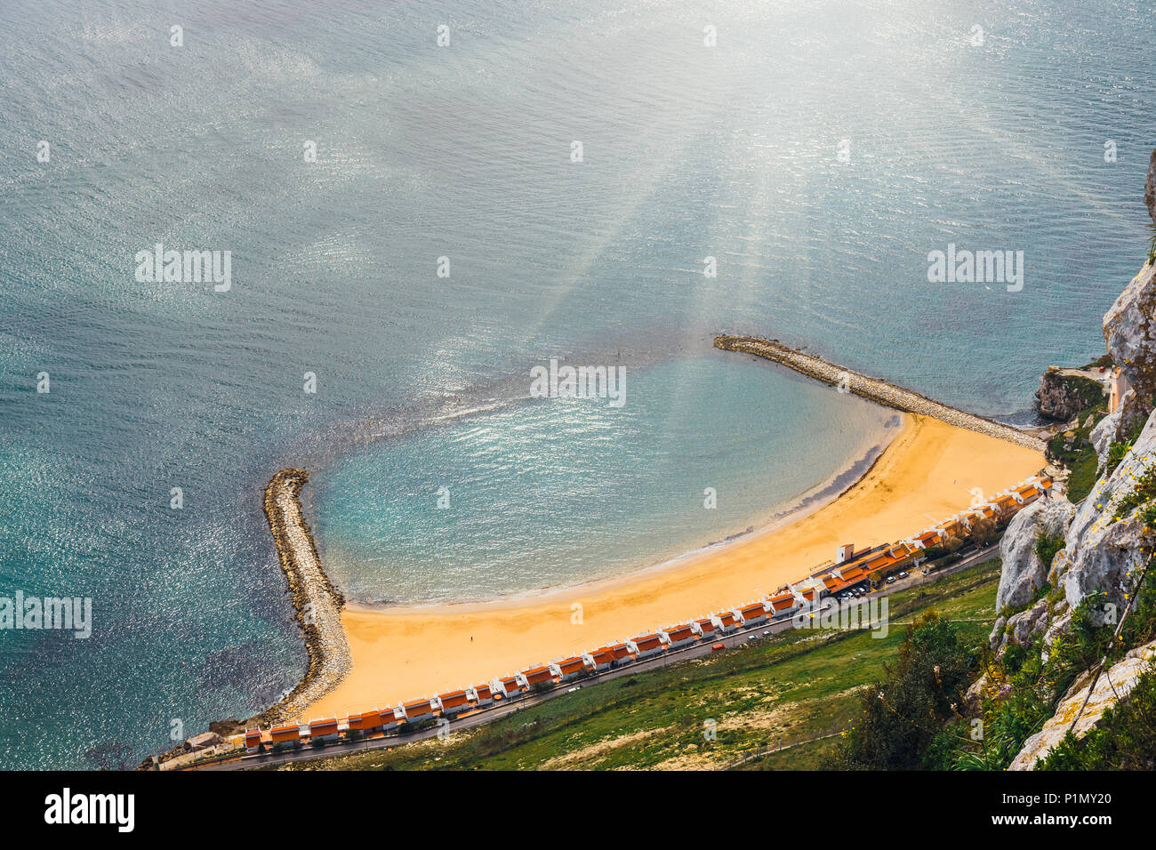 Aerial view of the coastline of Gibraltar from the top of the rock ...