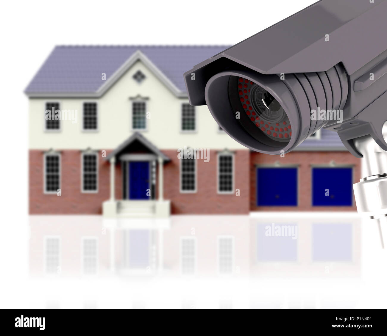 3D render of a defocussed house with CCTV - home security concept Stock ...