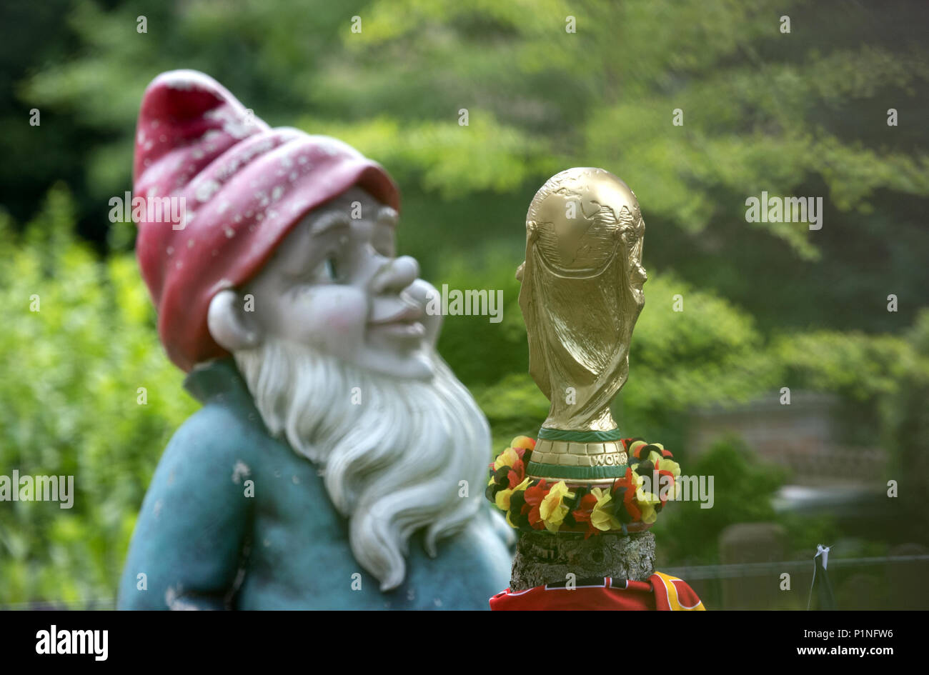 13 June 2018, Kleinmachnow, Germany: A large garden gnome figurine ...