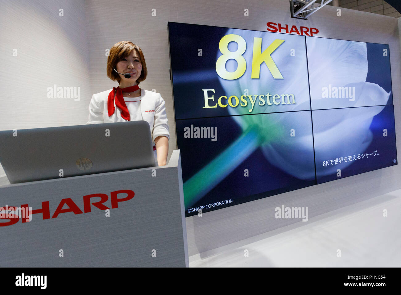 Chiba, Japan. 13th June 2018. An exhibitor introduces to visitors Sharp ...