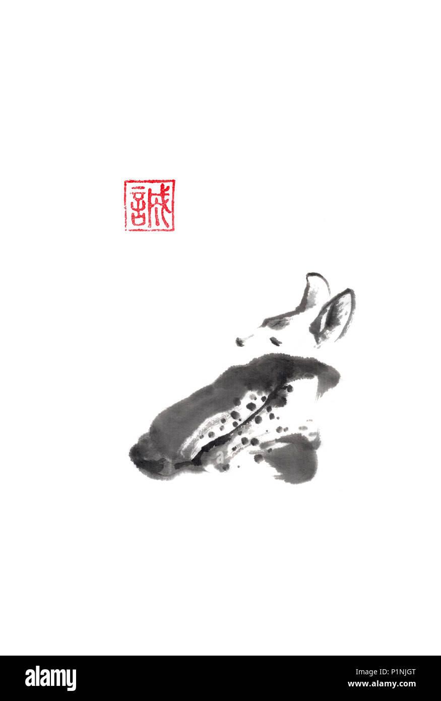Little deer looking back Japanese style original sumi-e ink painting ...