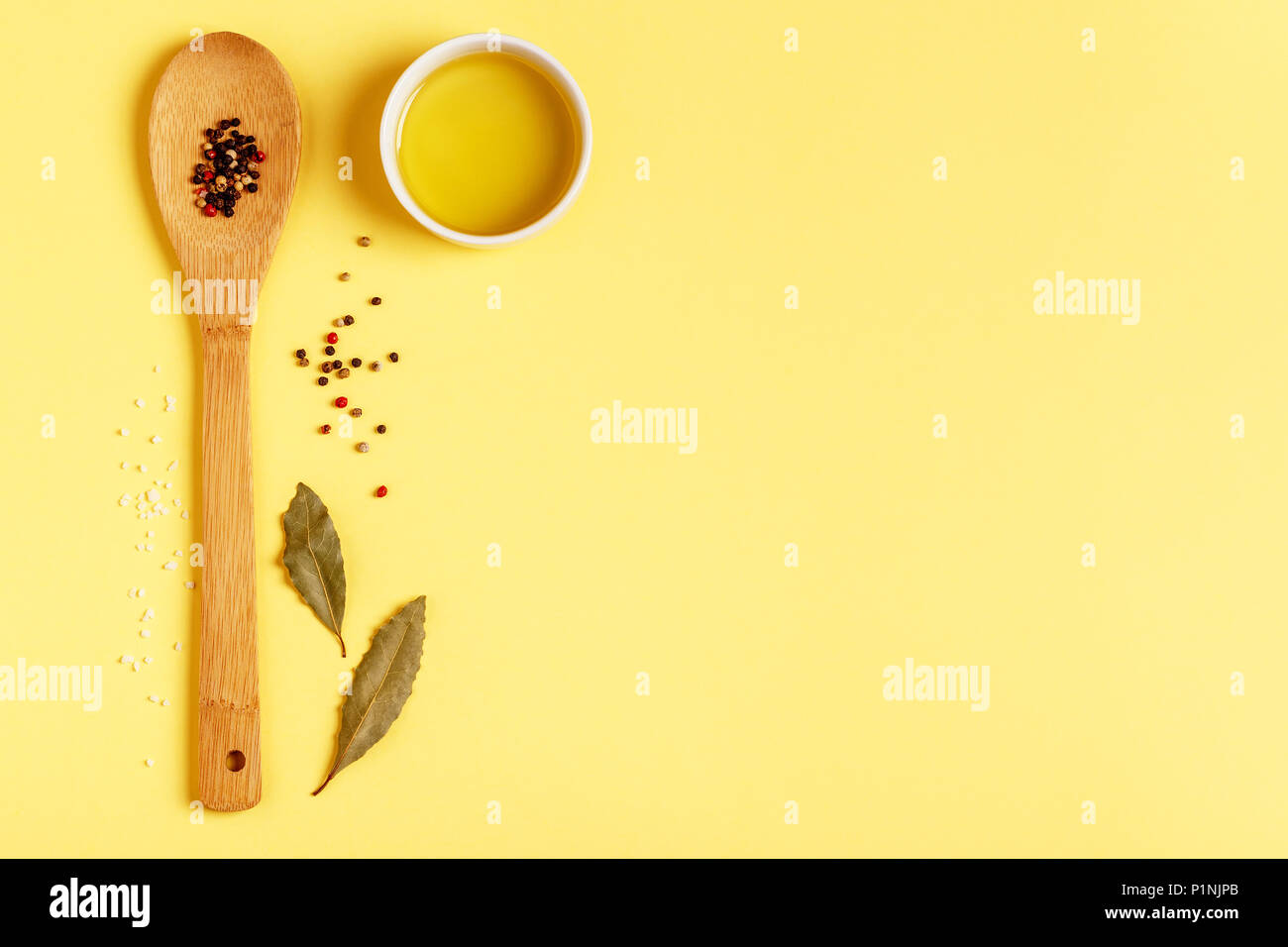Flat lay pastel tone background. Ingredients for cooking on a yellow ...