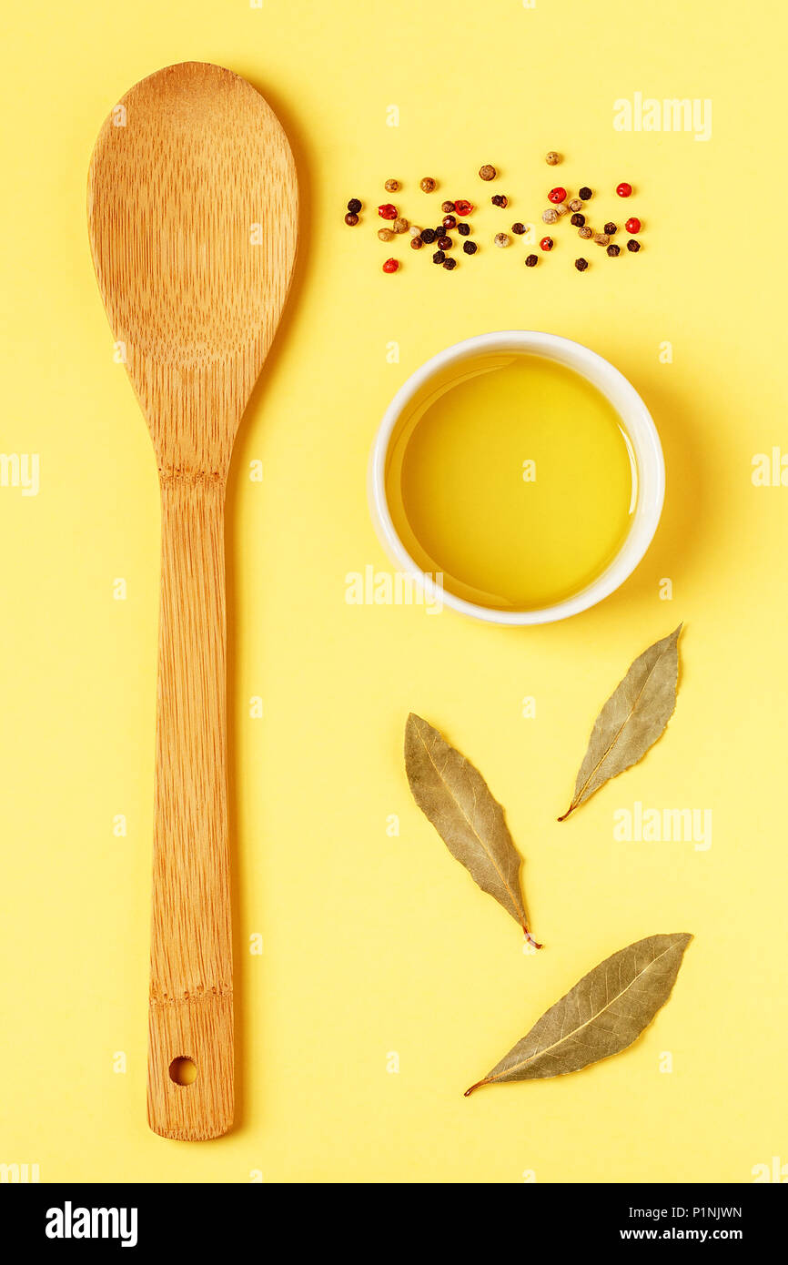 Flat lay pastel tone background. Ingredients for cooking on a yellow ...