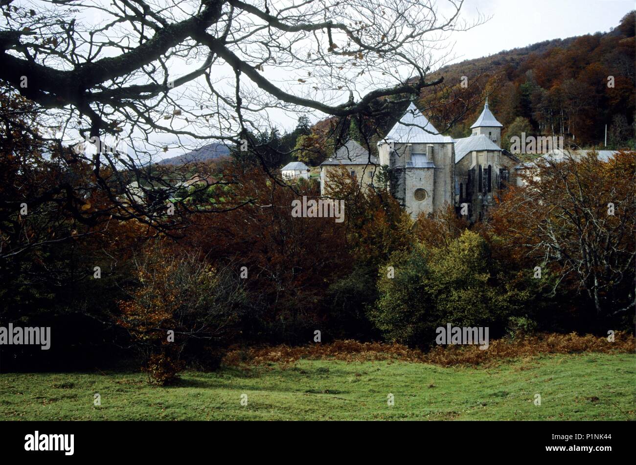 Roncesvalles, monastery and landscape; Pyrenees (Sant James pilgrims ...