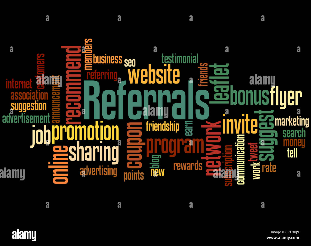 Referrals, word cloud concept on black background Stock Photo - Alamy