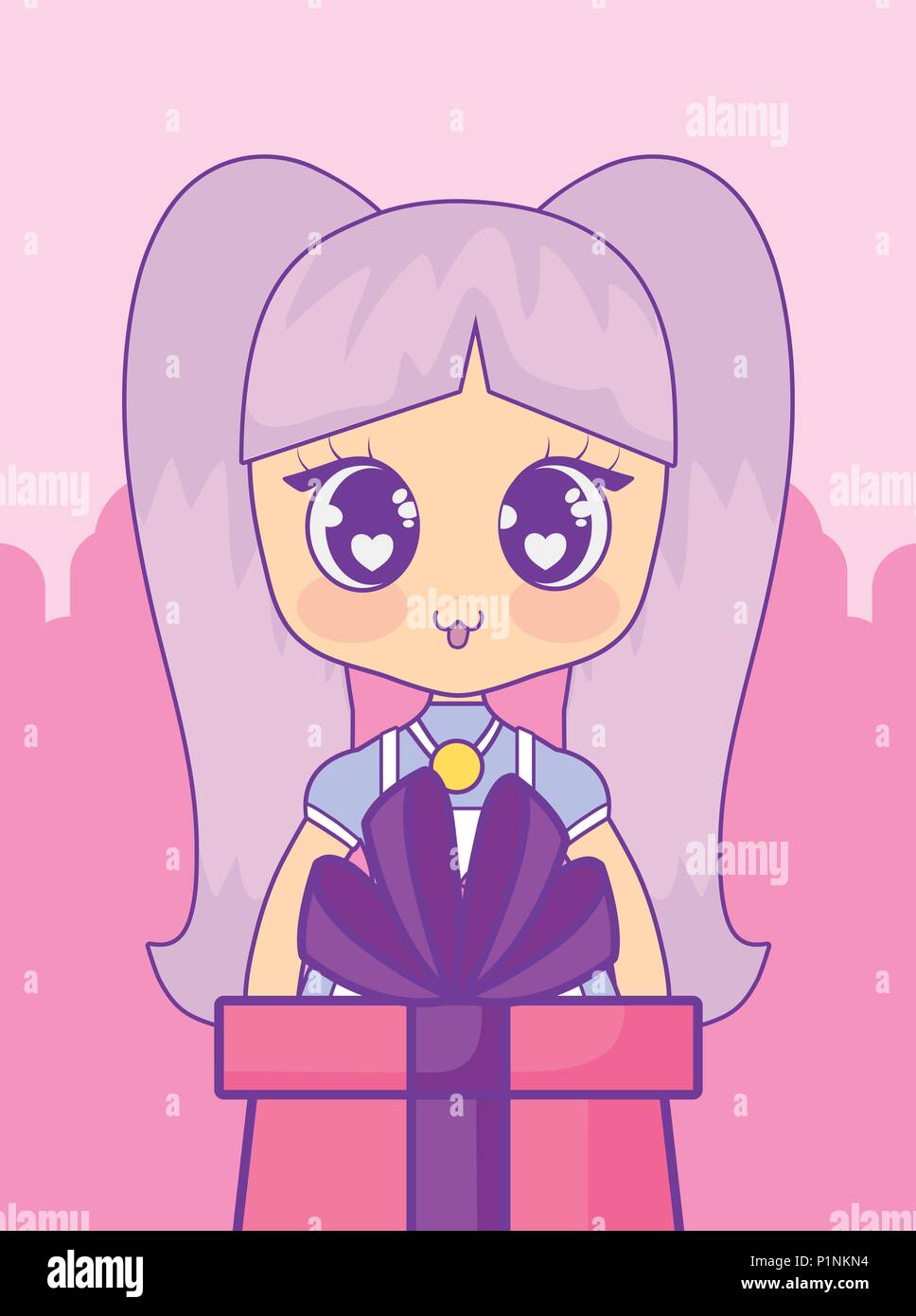 Gift box and anime girl icon over pink background, vector illustration ...