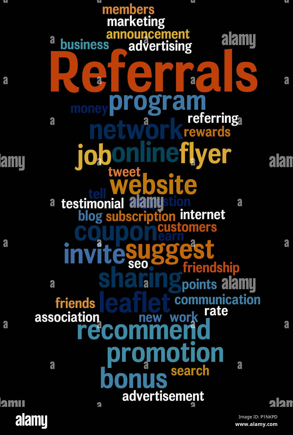 Referrals, word cloud concept on black background Stock Photo - Alamy