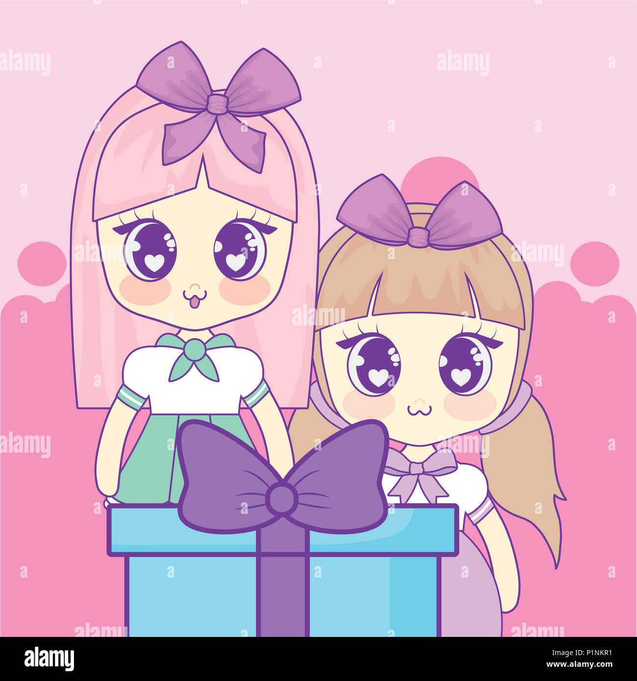 Gift box and anime girls icon over pink background, vector illustration ...