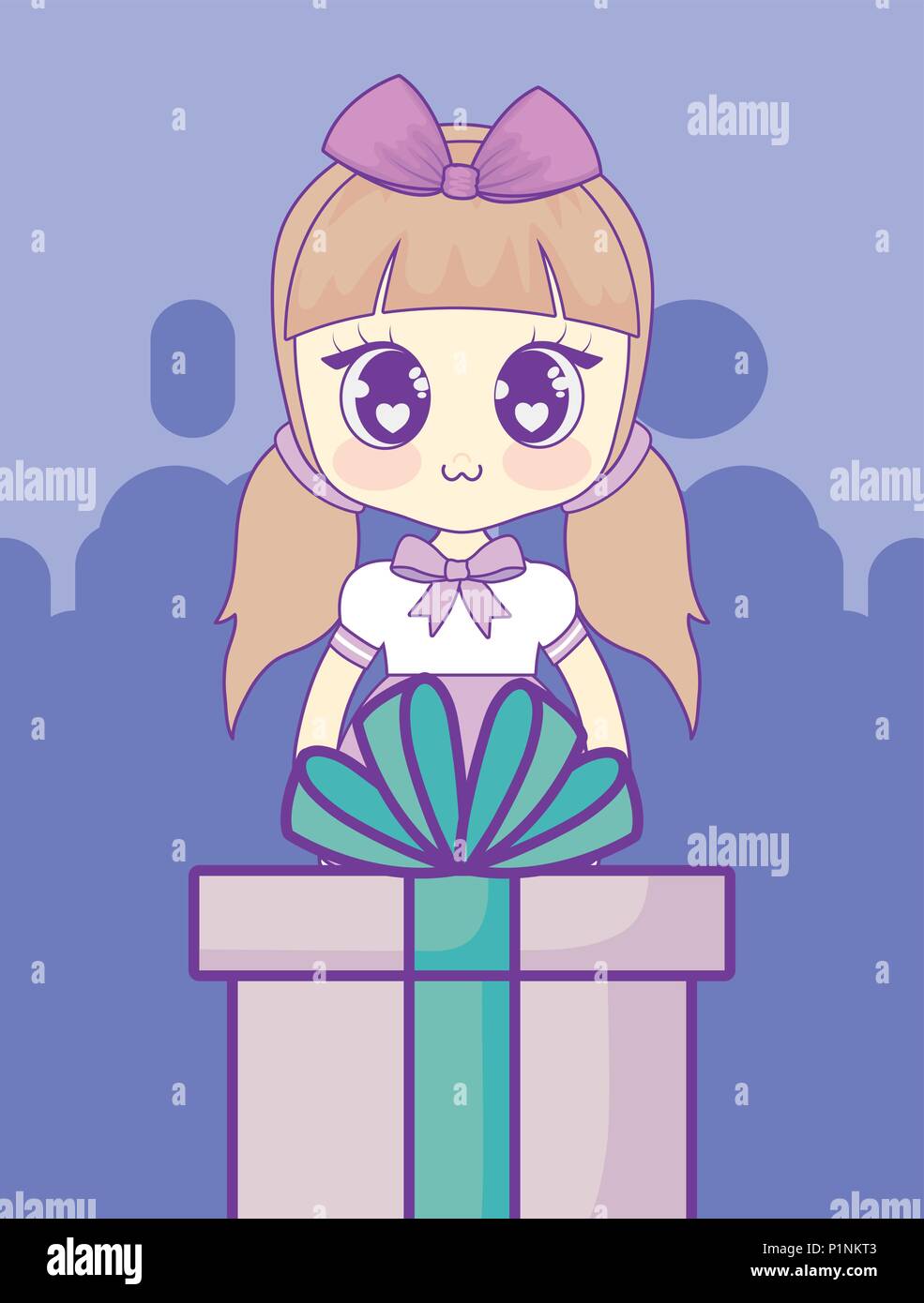 Gift box and anime girl icon over purple background, vector ...