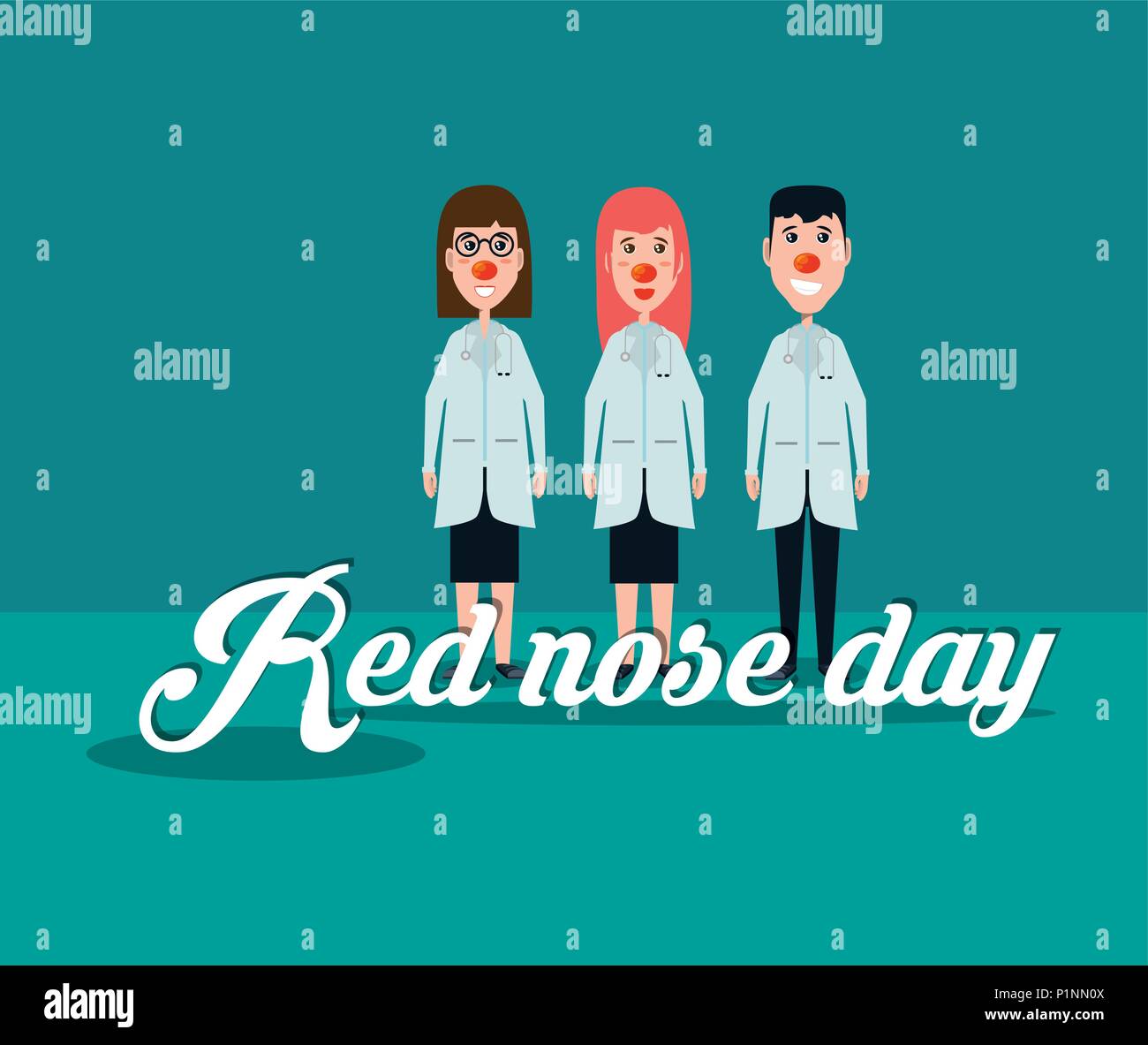 Red nose day design with cartoon doctors with red noses over blue ...