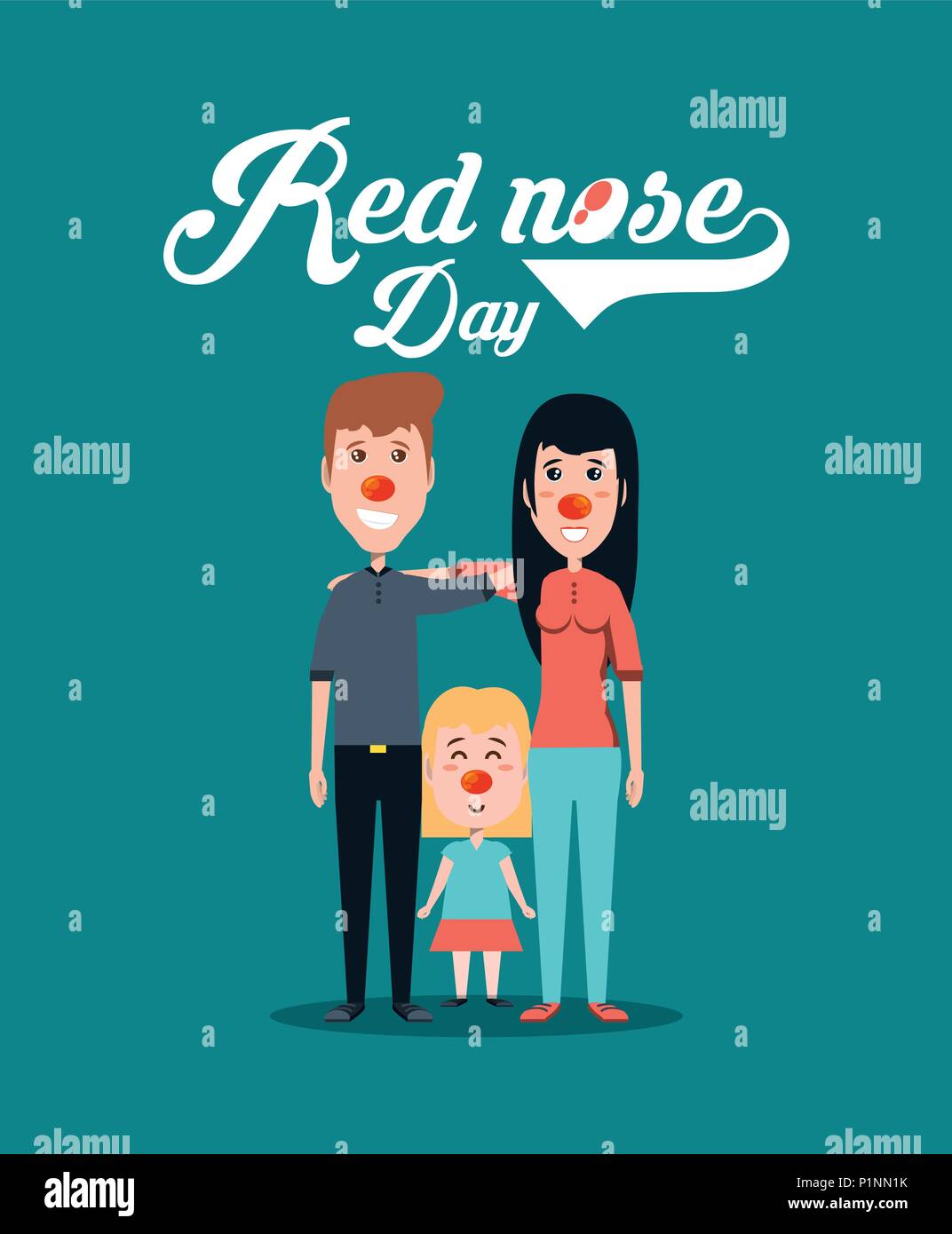 Red nose day design with cartoon family with red noses over blue ...