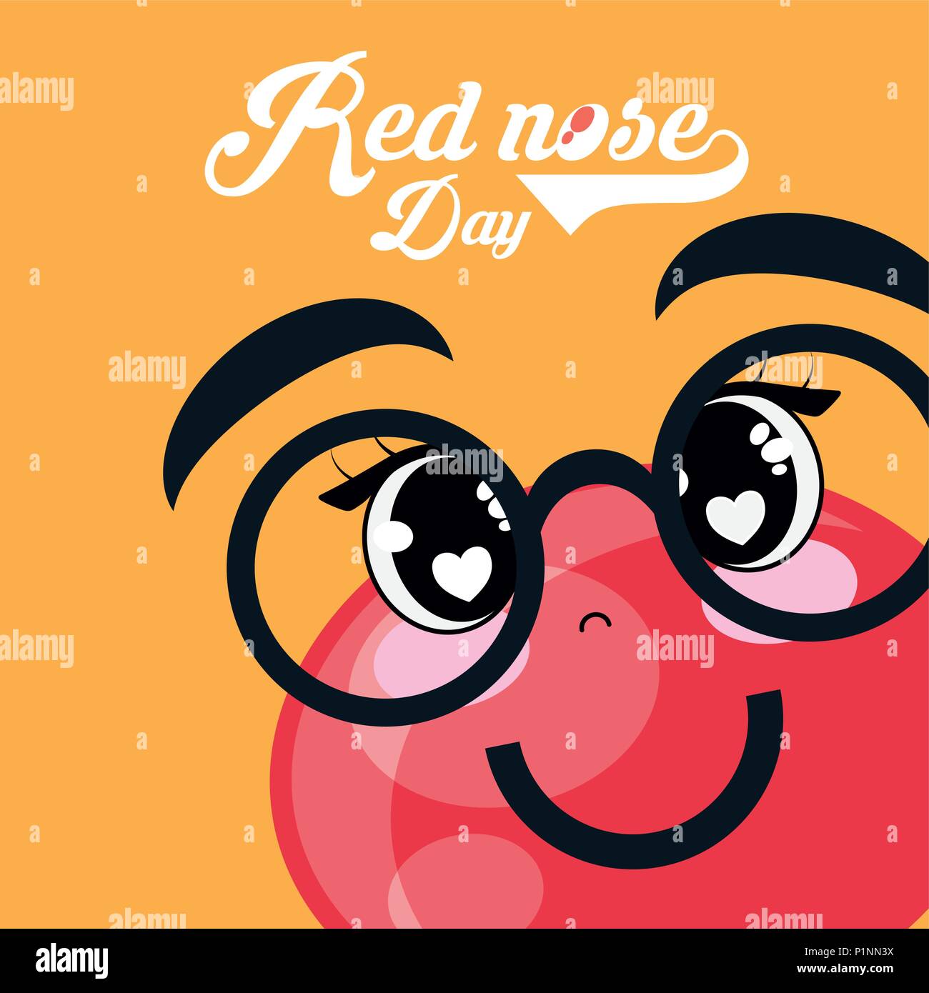Red nose day design with cartoon red nose with glasses over yellow ...