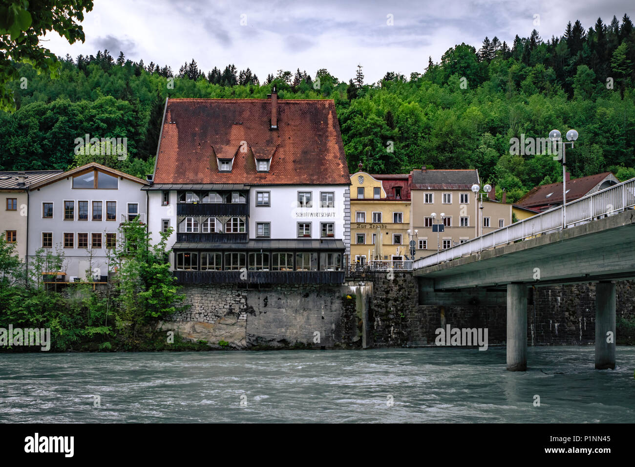 Füssen, Germany - May 10, 2018: Traditional, colorful buildings and the ...