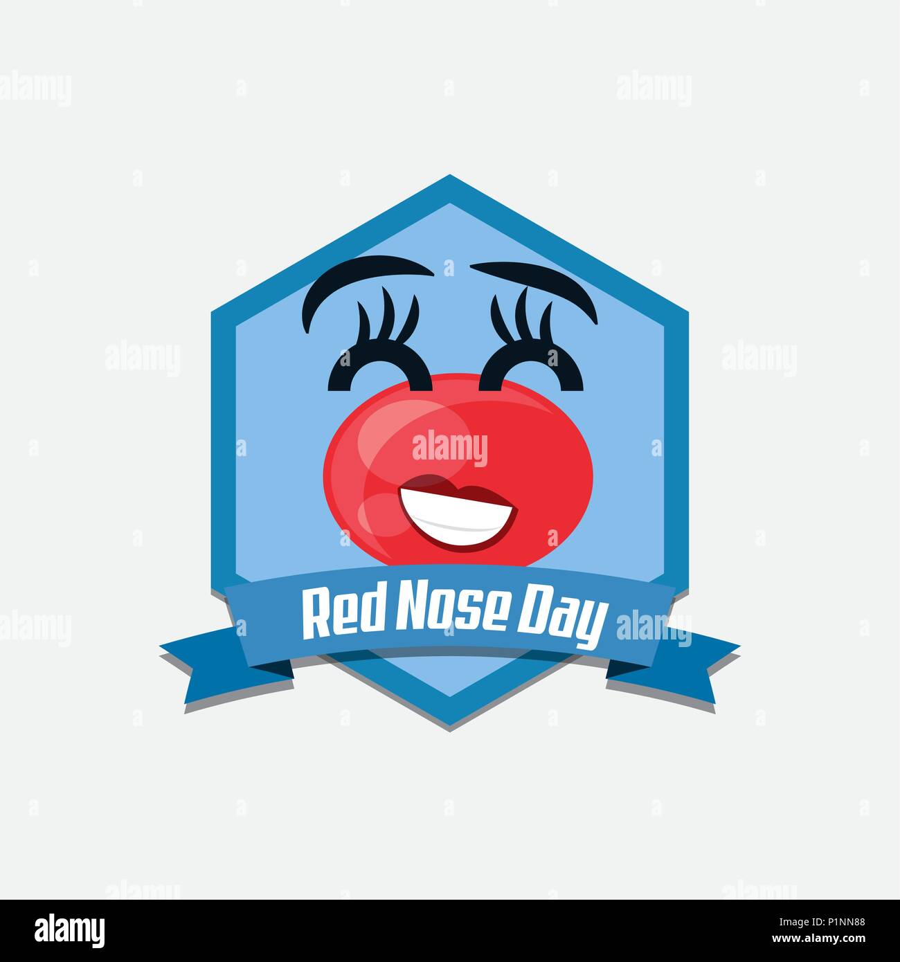 Red nose day emblem with cartoon happy red nose over white background ...