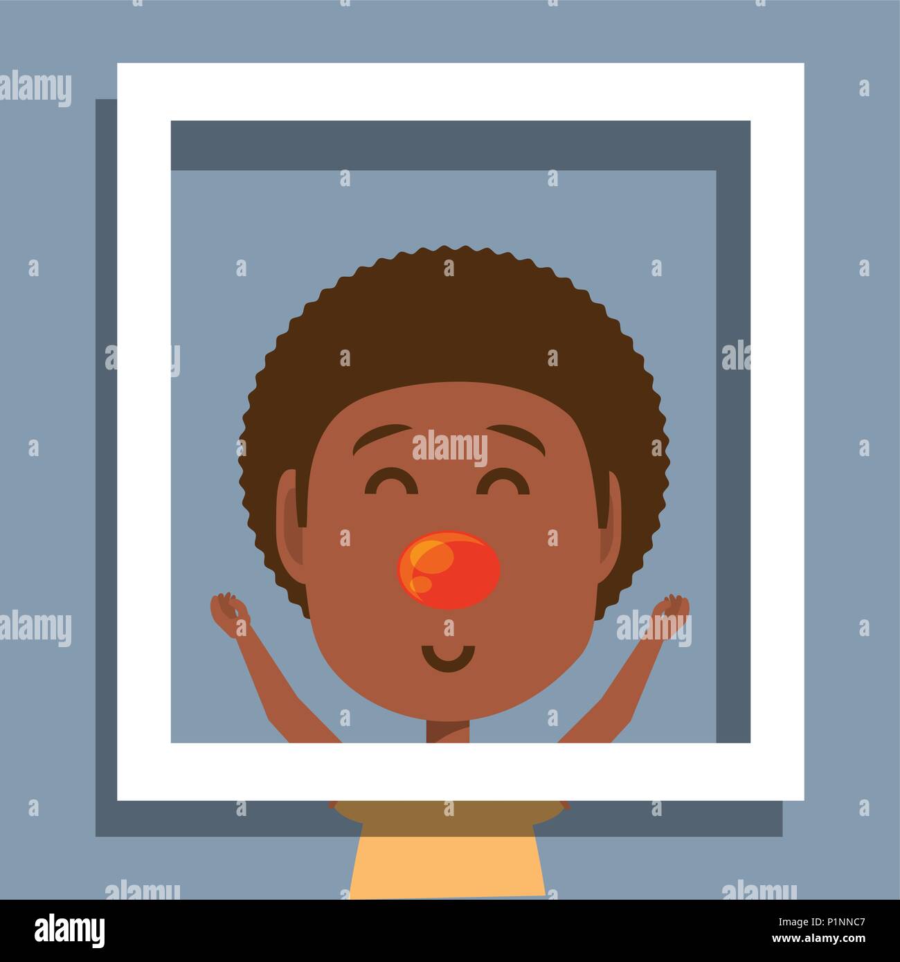 Decorative frame with cartoon boy with red nose over gray background ...