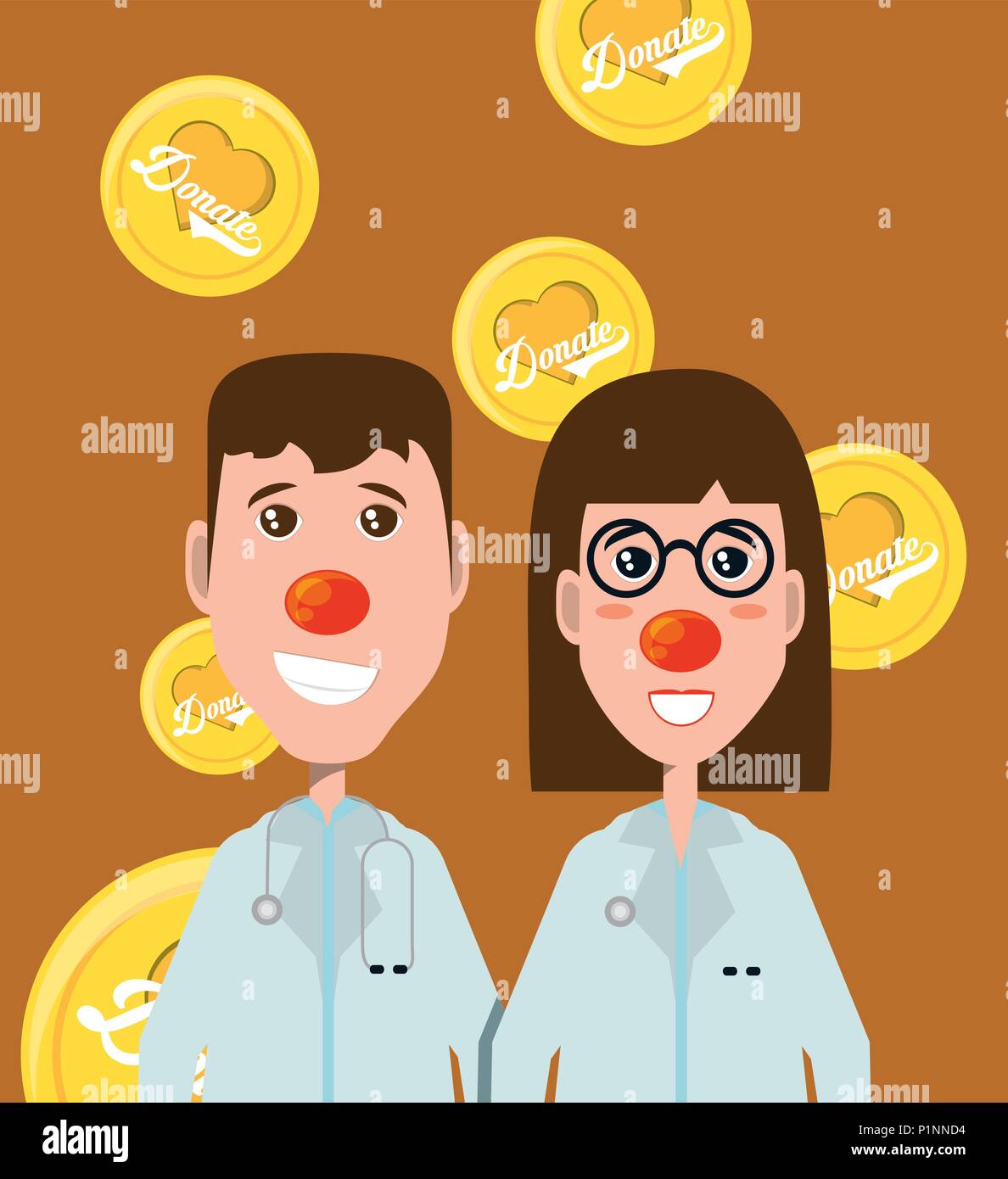 cartoon happy doctors with red noses over coins and yellow background ...