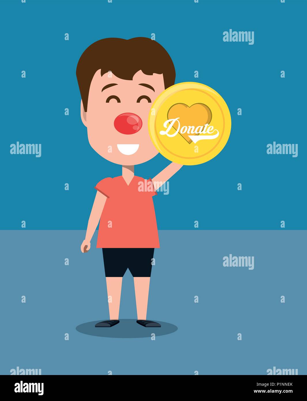 cartoon boy with donate coin over blue background, colorful design ...