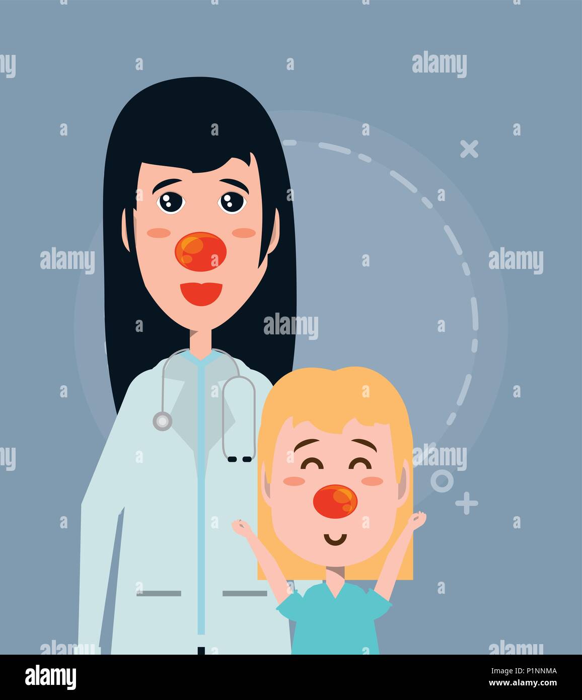 cartoon girl and woman doctor with red noses over gray background ...