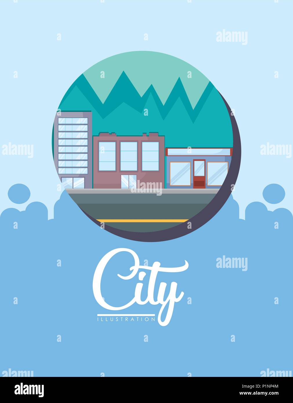city design with city buildings in a circular frame over blue ...